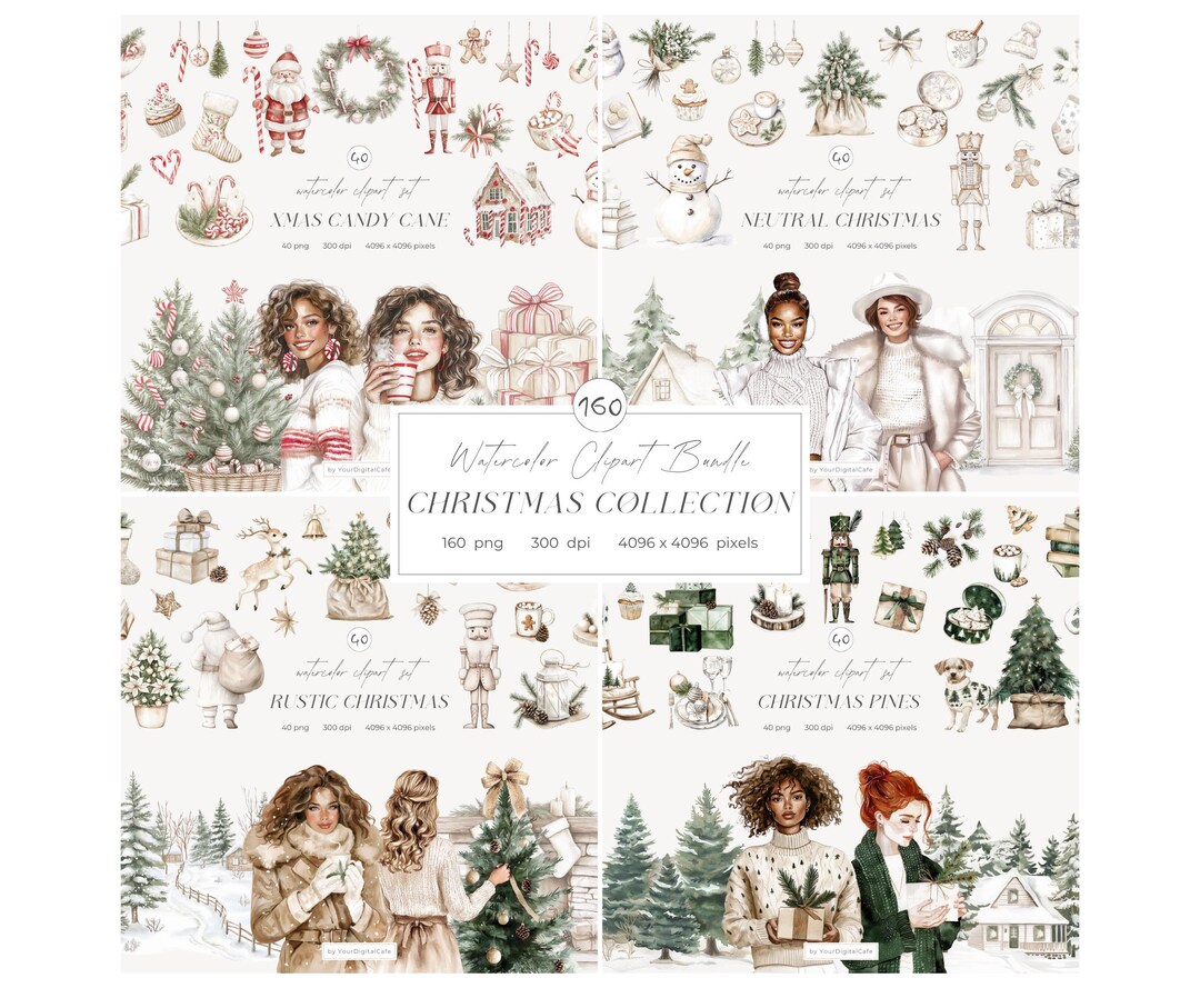 Christmas Watercolor Clipart Bundle: 160 Holiday Graphics, Cozy Winter ...