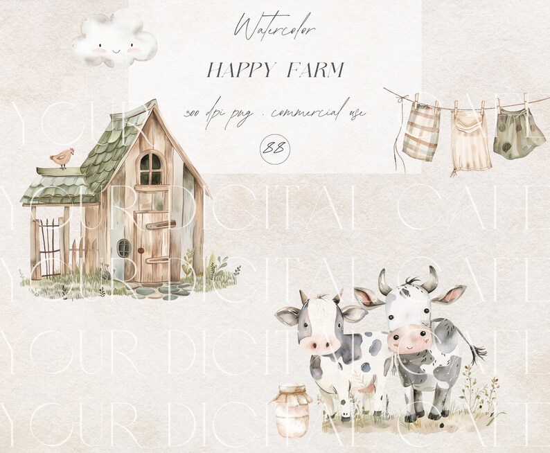 Watercolor Farm Animal Clipart Bundle, Farm Animals PNG Set, Nursery ...