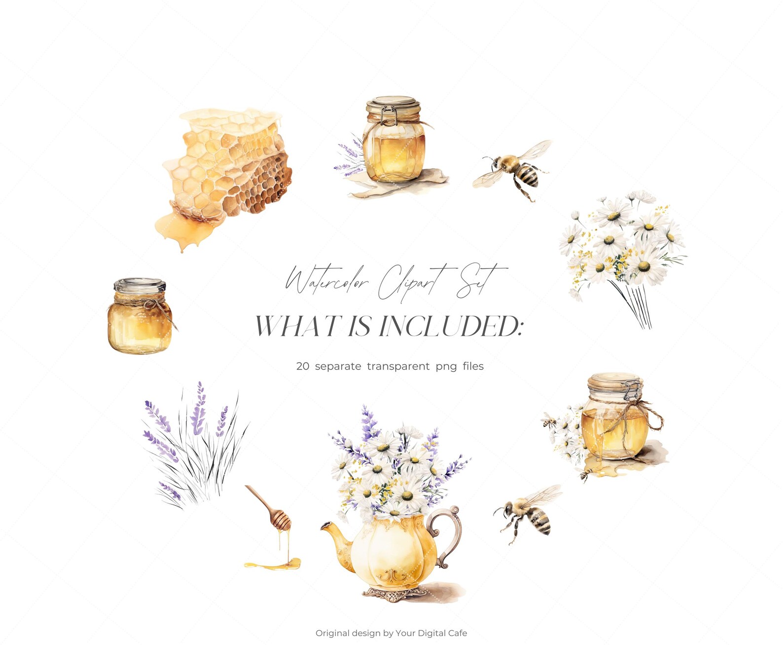 Watercolor Honey Bee Clipart, Floral Spring Clip Art, Bees PNG, Spring ...