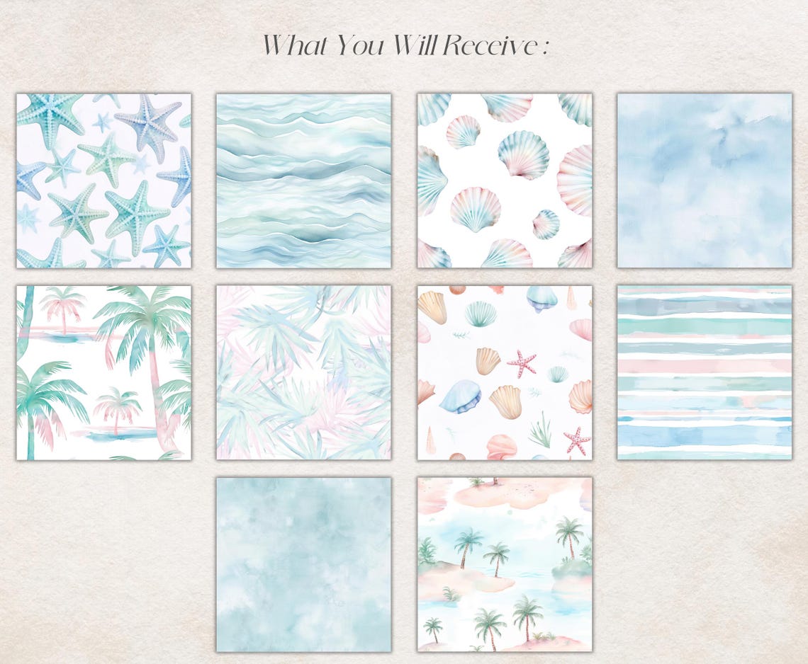 Watercolor Ocean Seamless Patterns, Pastel Summer Beach Digital Paper ...
