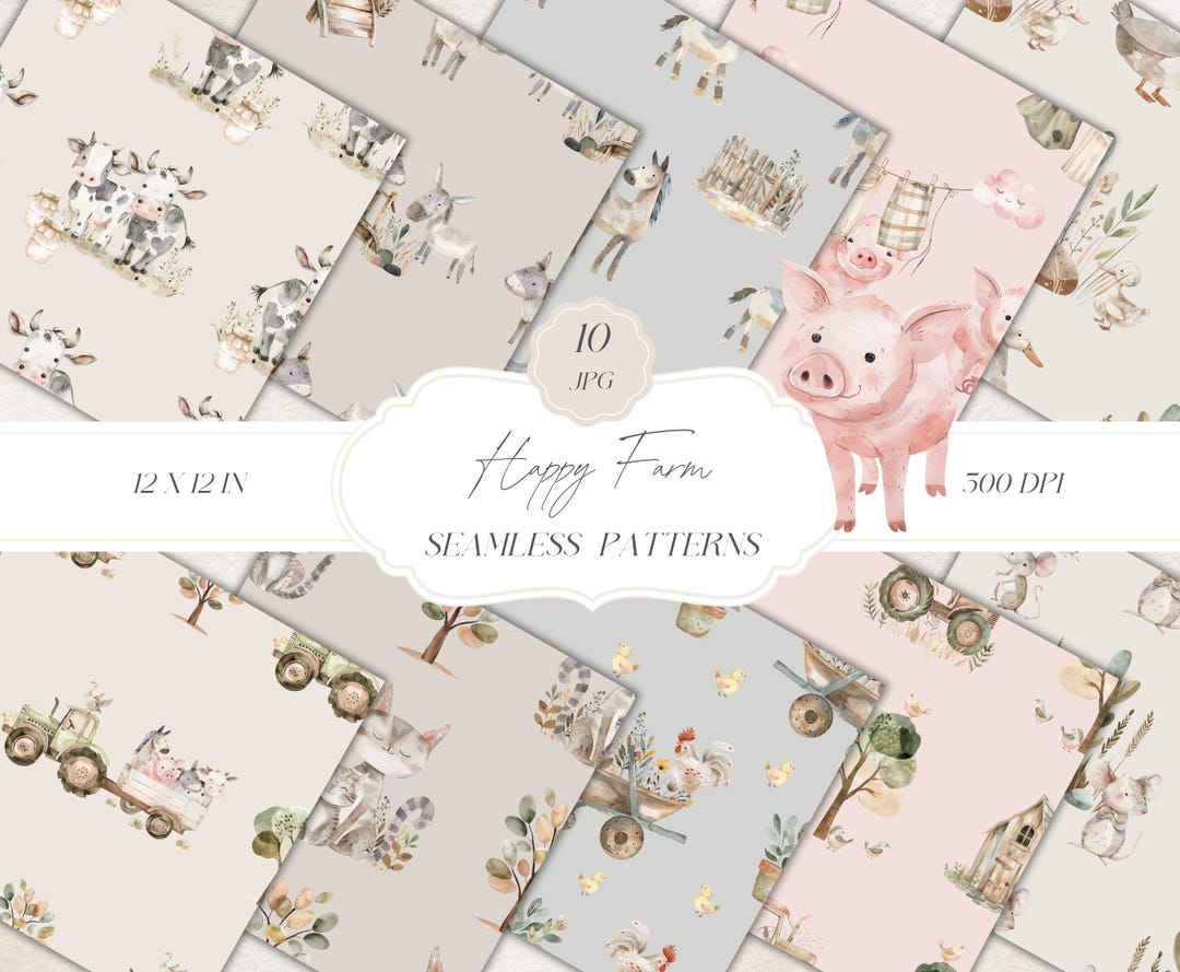 Watercolor Farm Animal Seamless Patterns, Neutral Nursery Pattern, Cute ...