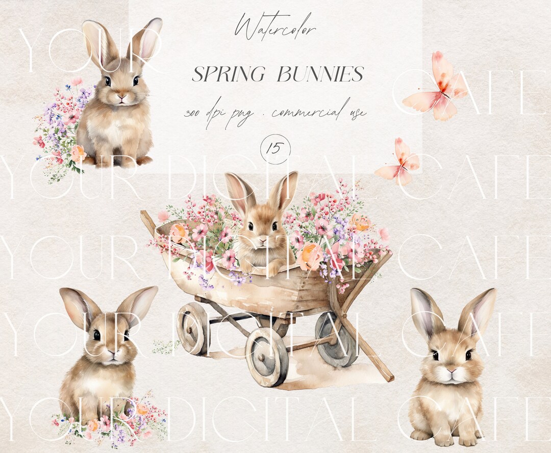 Watercolor Bunnies Clipart Bundle, Cute Bunnies Illustration, Spring ...