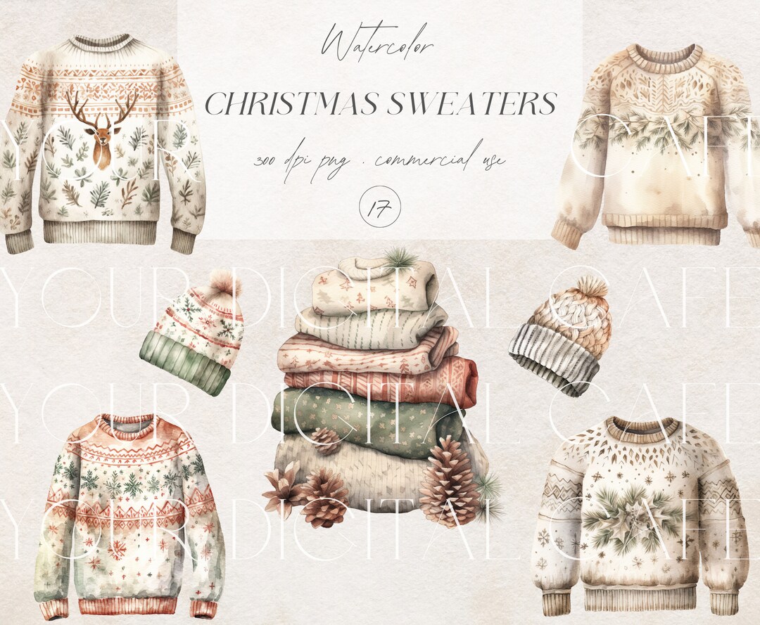 Watercolor Christmas Clipart Christmas Sweaters Png Winter Sweater, Hat ...