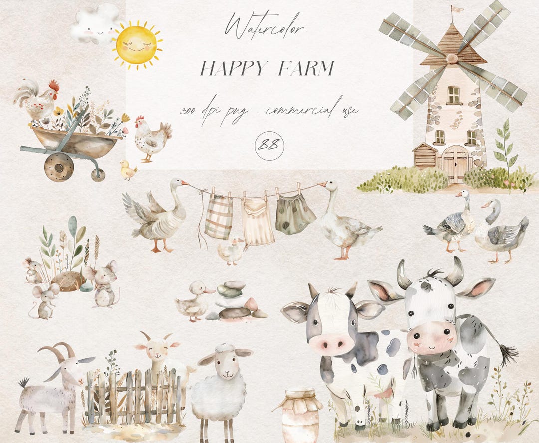 Watercolor Farm Animal Clipart Bundle, Cute Animal Clipart, Neutral ...
