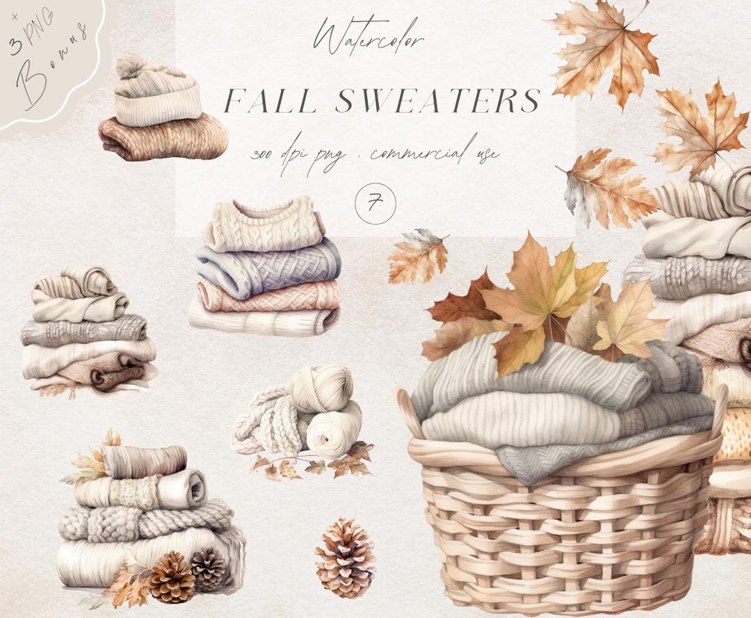 Watercolor Cozy Autumn Clipart, Neutral Fall Images, Sweaters Graphics ...