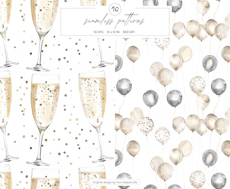 Party Patterns, New Year Digital Paper, Watercolor Champagne Seamless ...
