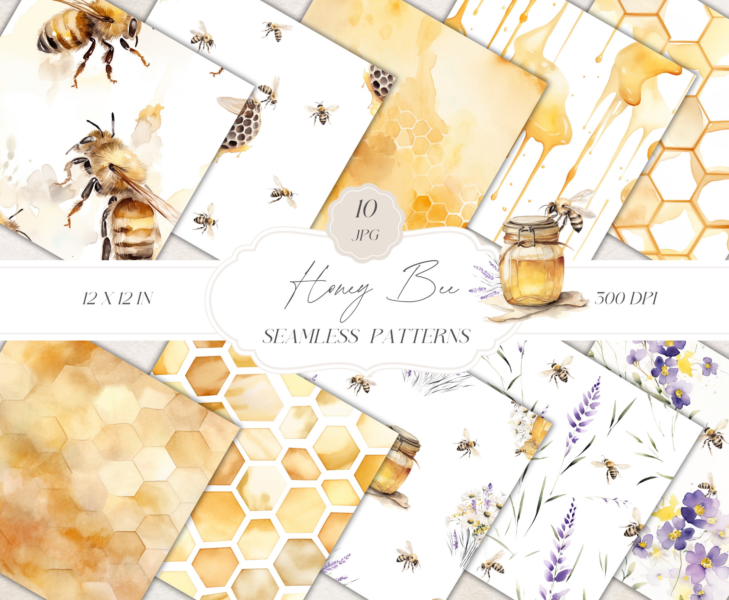Watercolor Honey Bee Seamless Patterns, Bees Digital Paper, Bee Pattern ...
