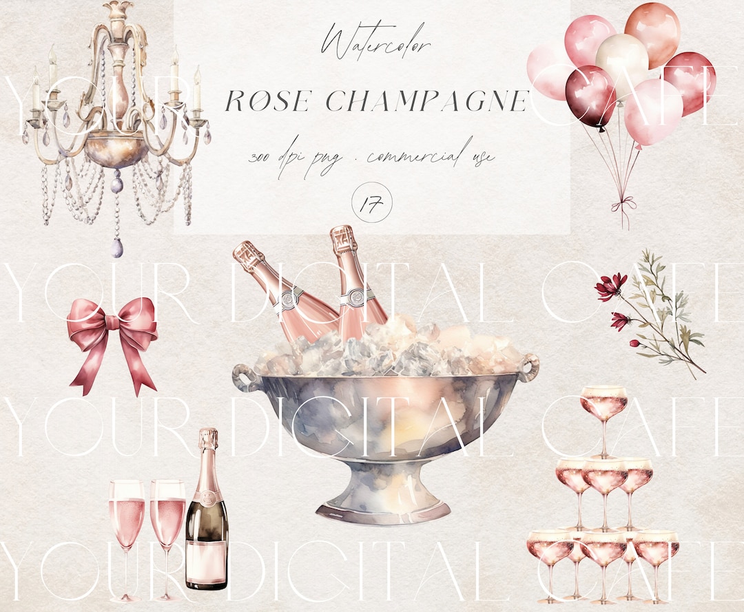 Watercolor Pink Champagne Clipart Bundle, Celebrations Clipart, Pink ...