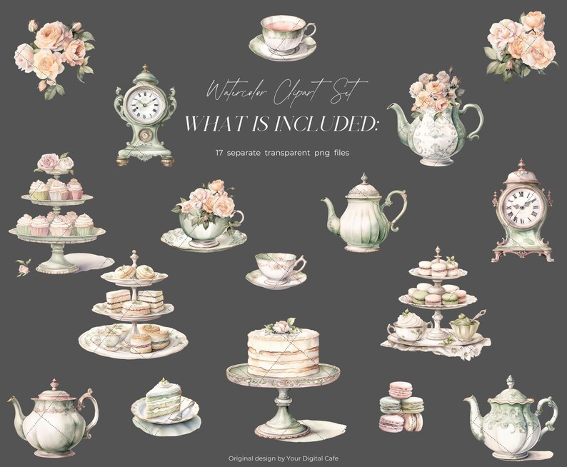 Tea Time Clipart: Watercolor Floral Vintage Tea Party Graphics, Pastel ...
