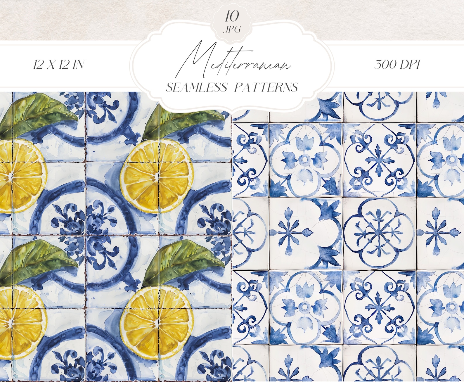 Mediterranean Tile Seamless Patterns, Watercolor Lemons Clipart, Blue ...