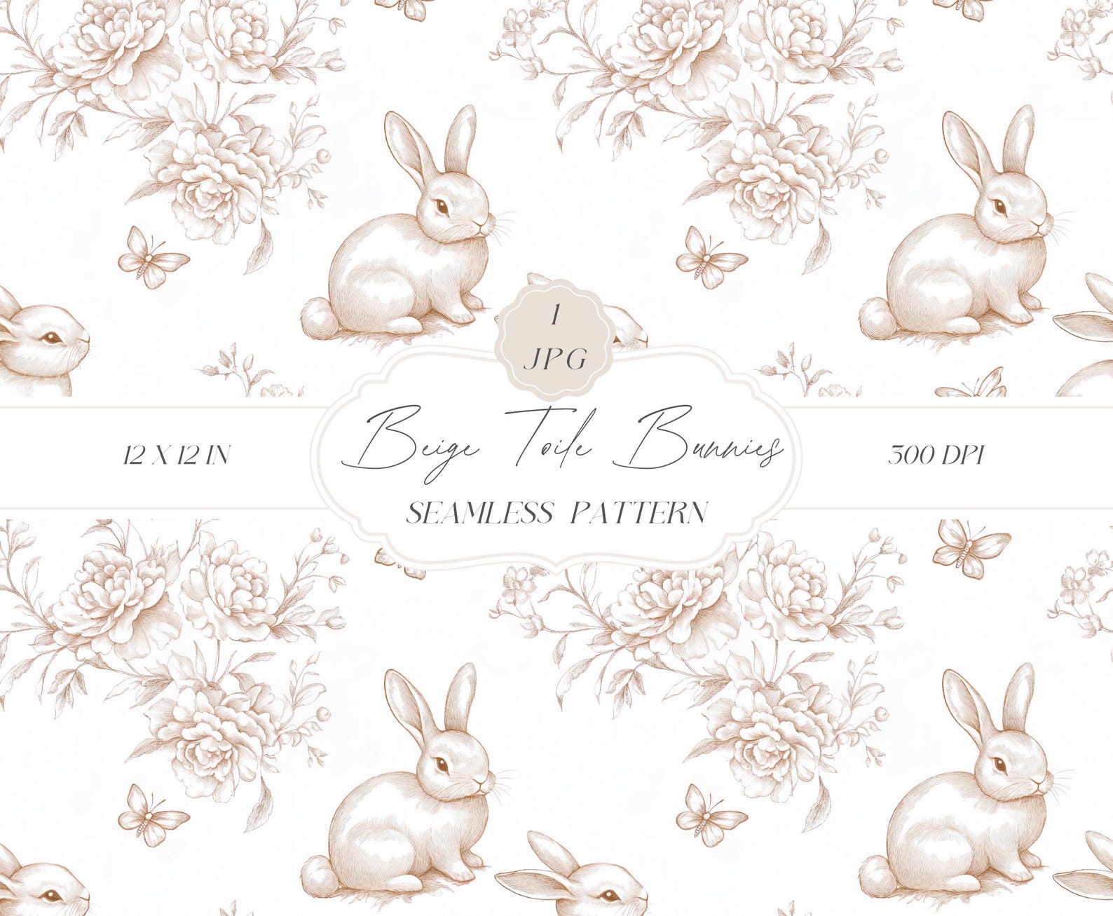 Neutral Toile Bunnies Seamless Pattern, Nursery Background, Chinoiserie ...