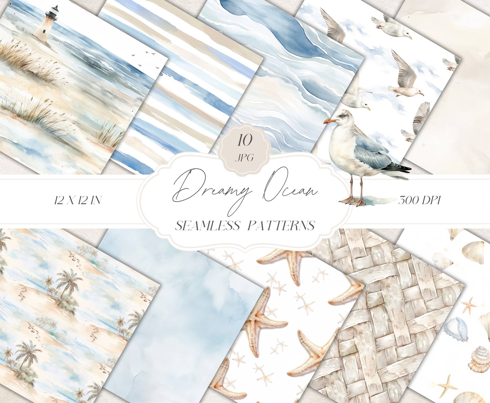 Watercolor Ocean Seamless Patterns, Neutral Summer Beach Digital Paper ...