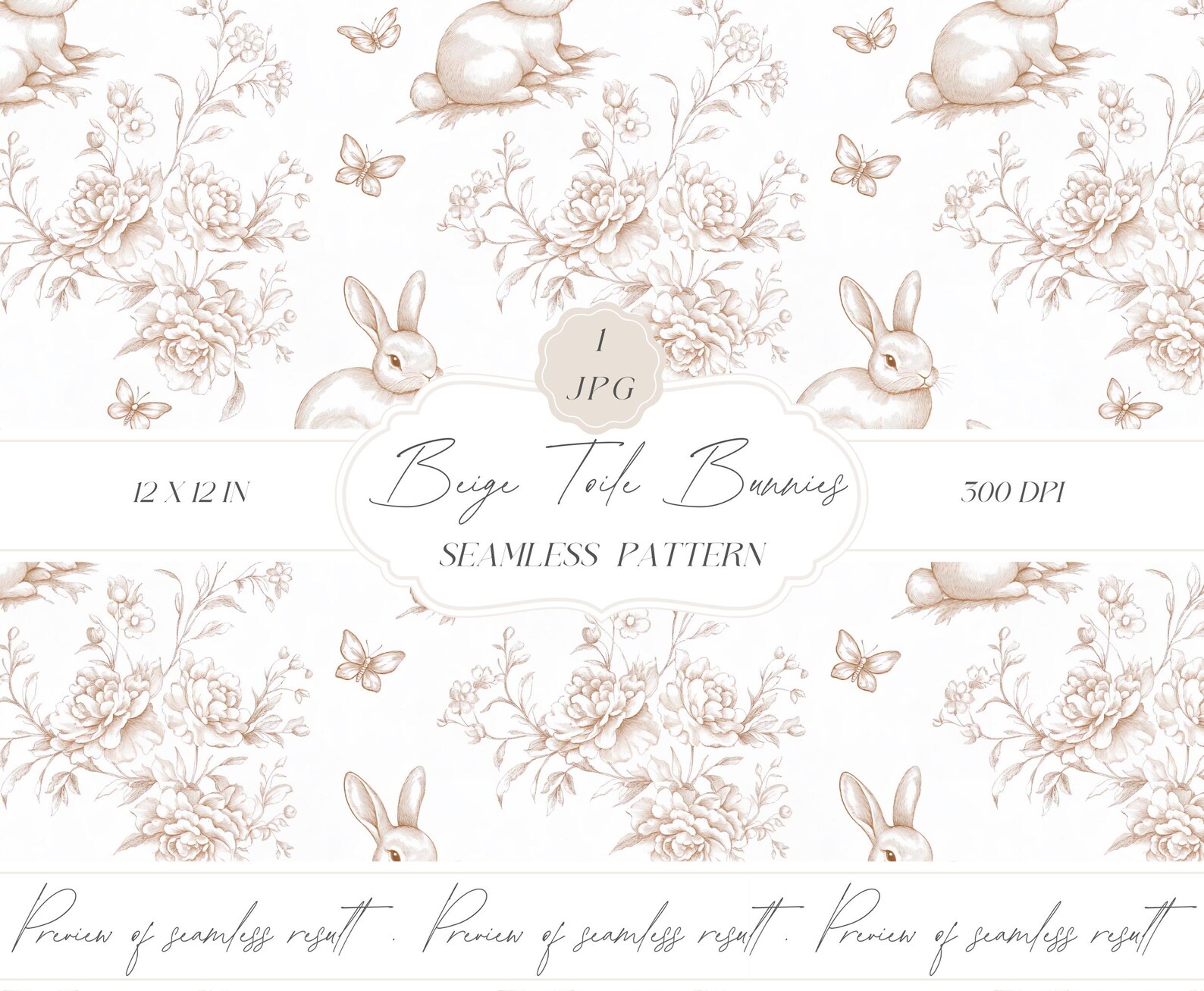 Neutral Toile Bunnies Seamless Pattern, Nursery Background, Chinoiserie ...