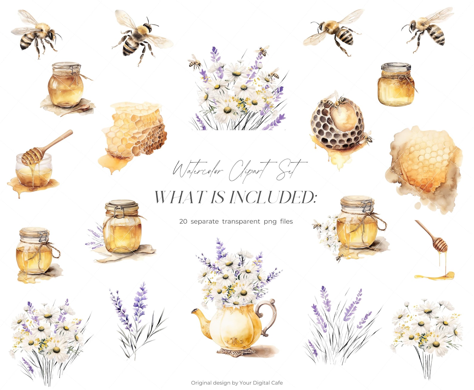 Watercolor Honey Bee Clipart, Floral Spring Clip Art, Bees PNG, Spring ...