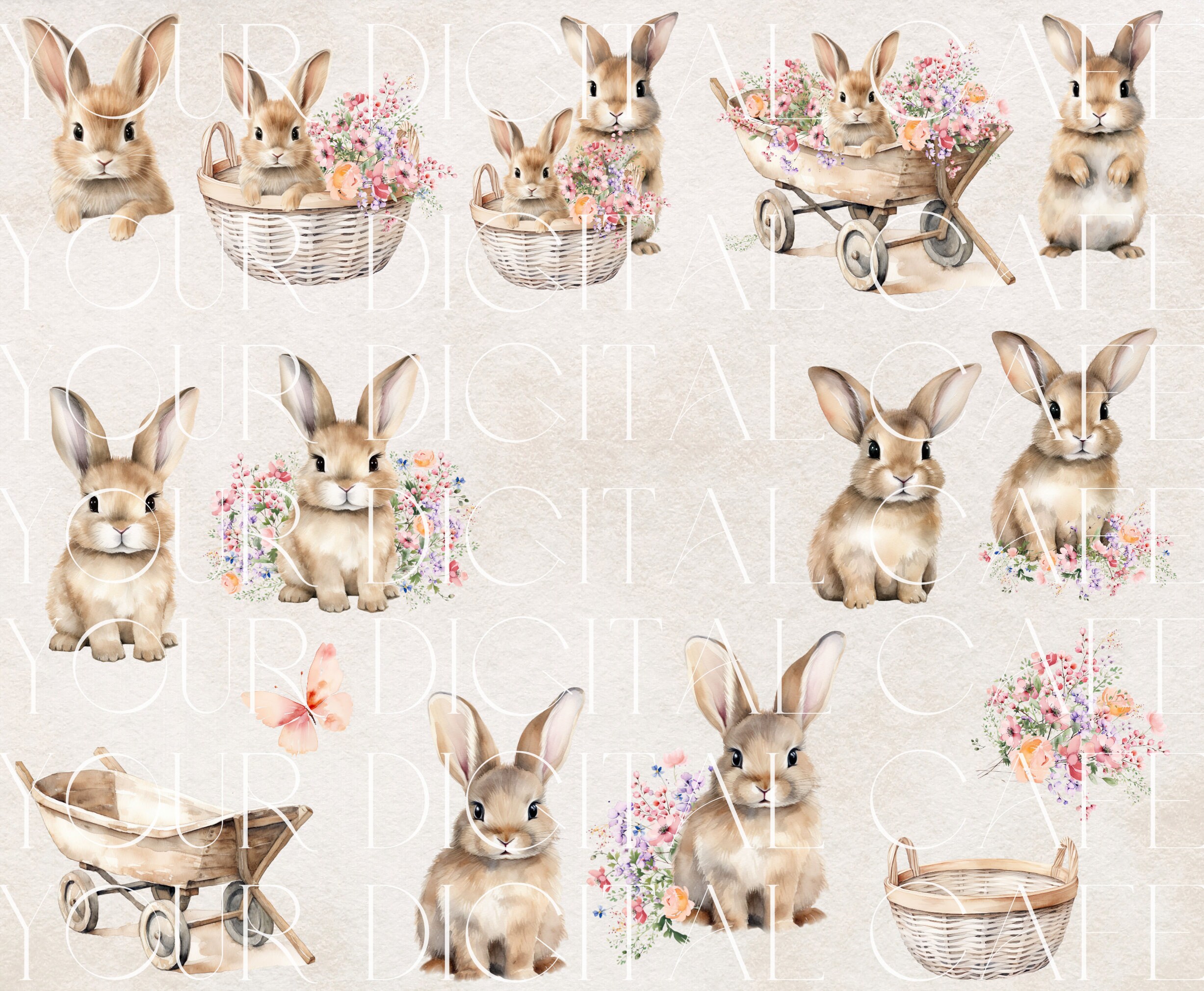 Watercolor Bunnies Clipart Bundle, Cute Bunnies Illustration, Spring ...