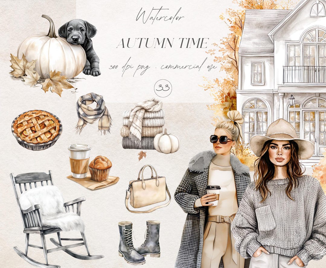 Watercolor Cozy Fall Clipart Bundle, Neutral Fall Graphics PNG, Autumn ...
