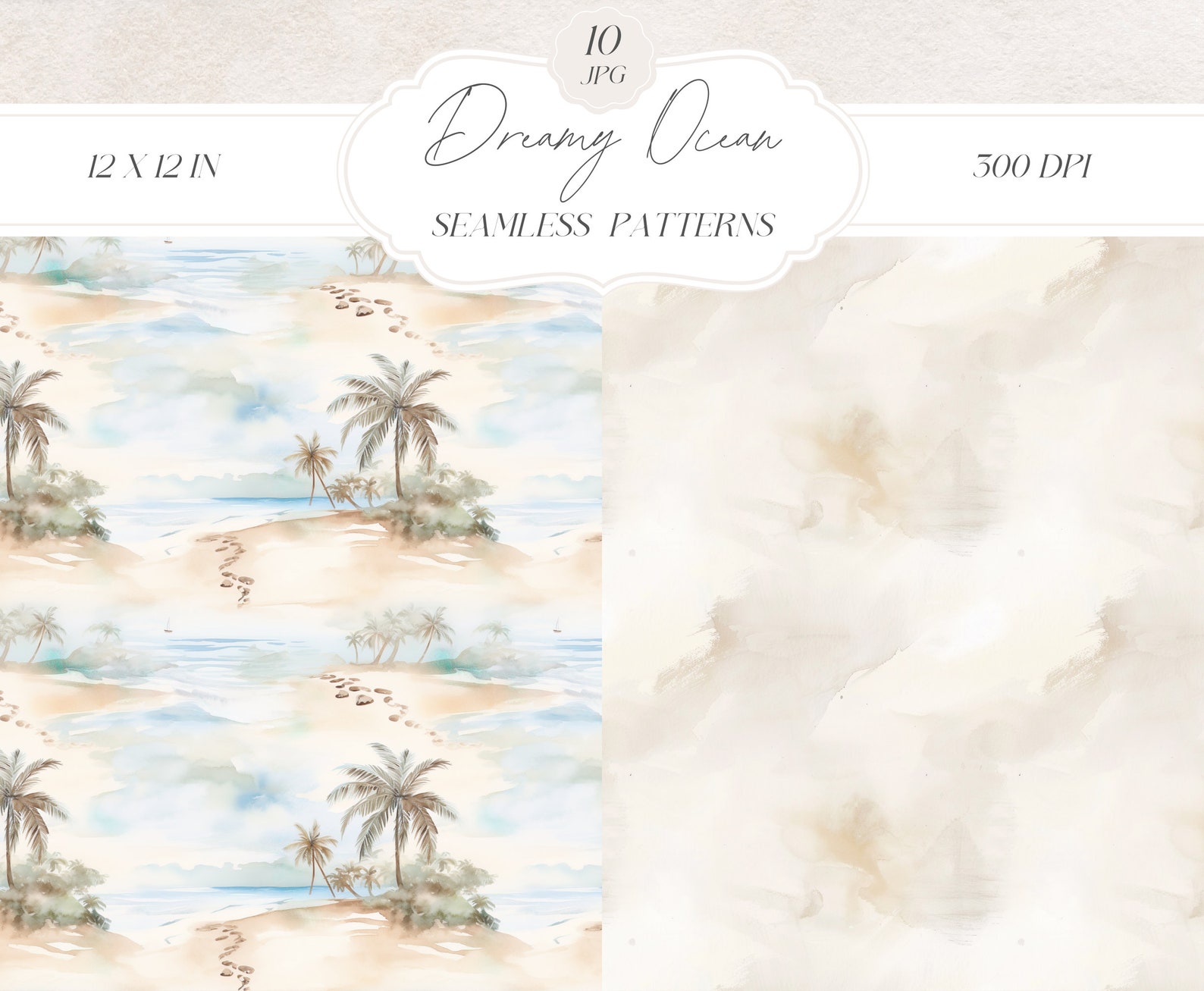Watercolor Ocean Seamless Patterns, Neutral Summer Beach Digital Paper ...