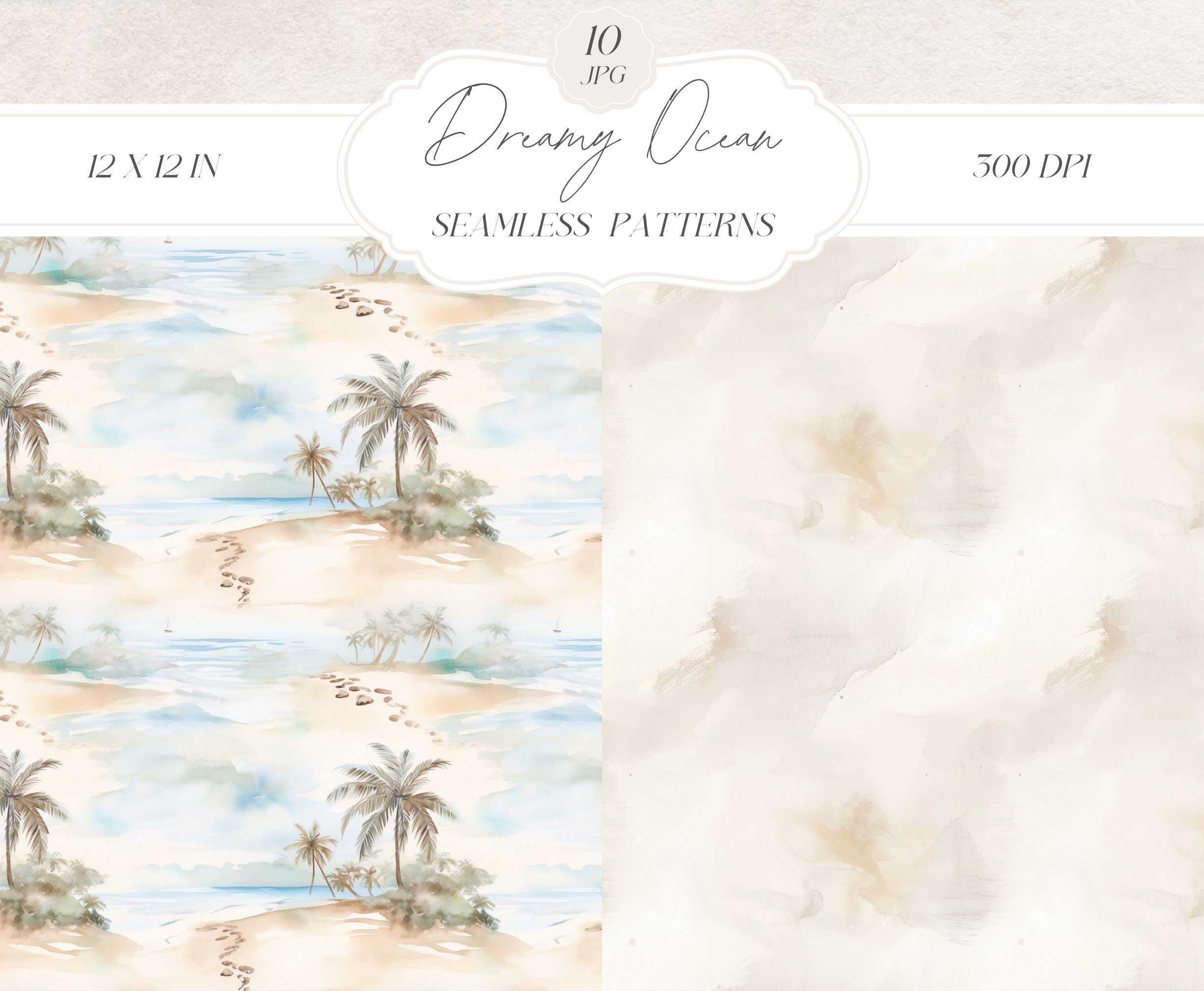 Watercolor Ocean Seamless Patterns, Neutral Summer Beach Digital Paper ...