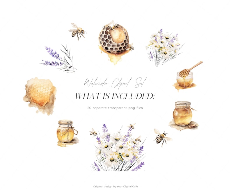 Watercolor Honey Bee Clipart, Floral Spring Clip Art, Bees PNG, Spring ...