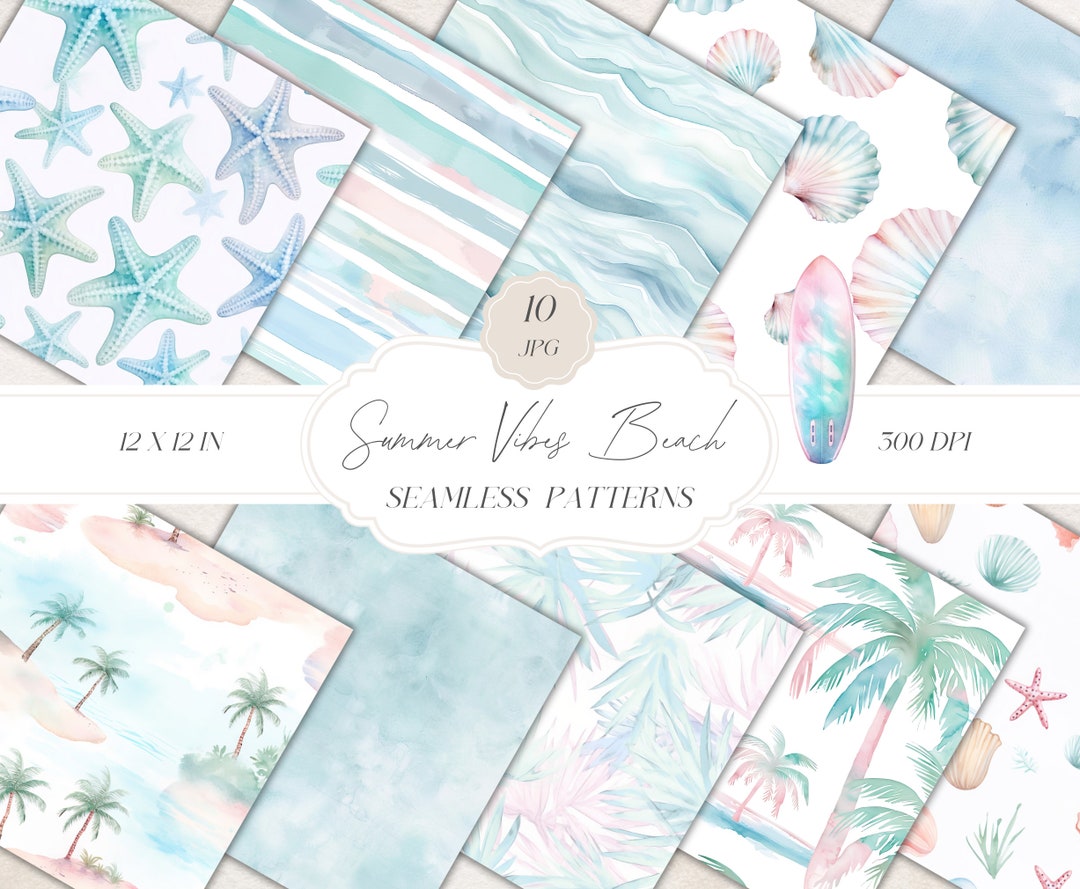 Watercolor Ocean Seamless Patterns, Pastel Summer Beach Digital Paper ...