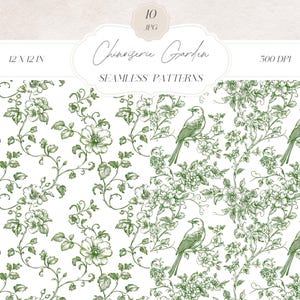 Green Chinoiserie Floral Seamless Patterns, Vintage Floral Digital ...