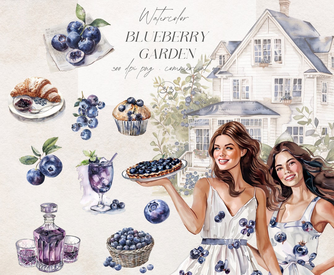 Watercolor Blueberry Clipart Berries Clipart Seasonal Graphics Spring ...