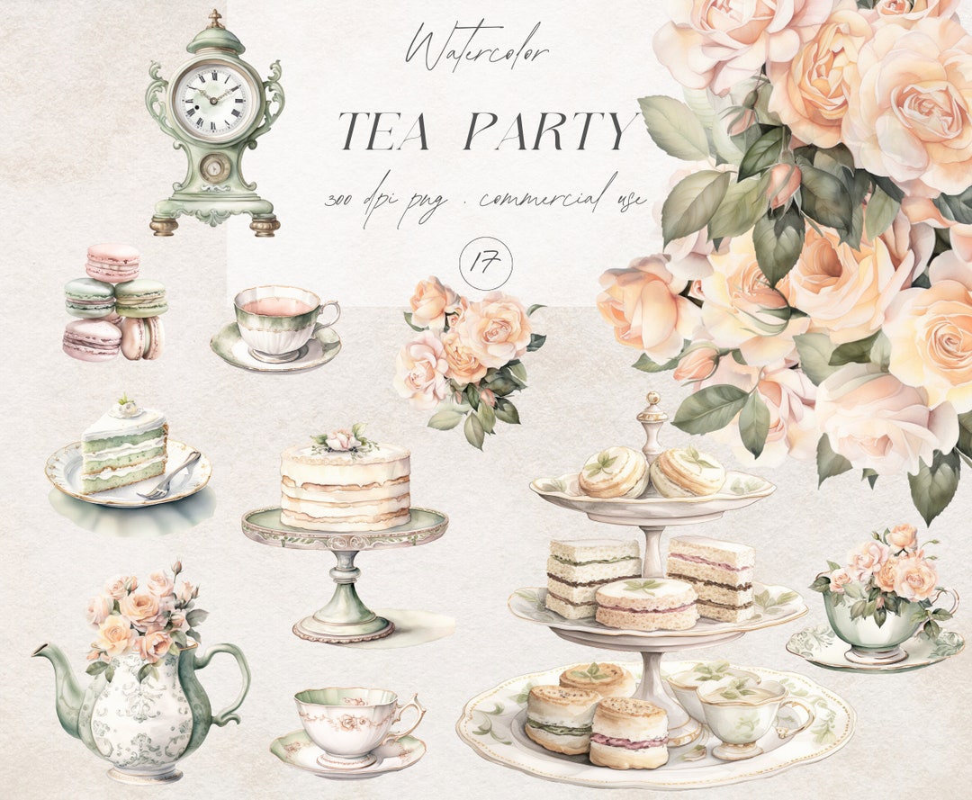Watercolor Tea Time Clipart Bundle, Tea Party Clipart, Watercolor ...
