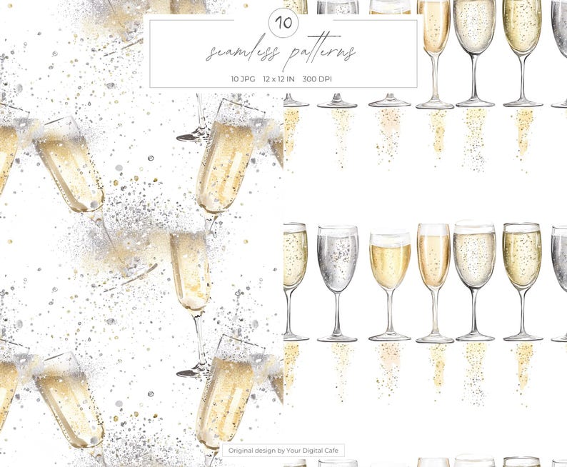 Party Patterns, New Year Digital Paper, Watercolor Champagne Seamless ...