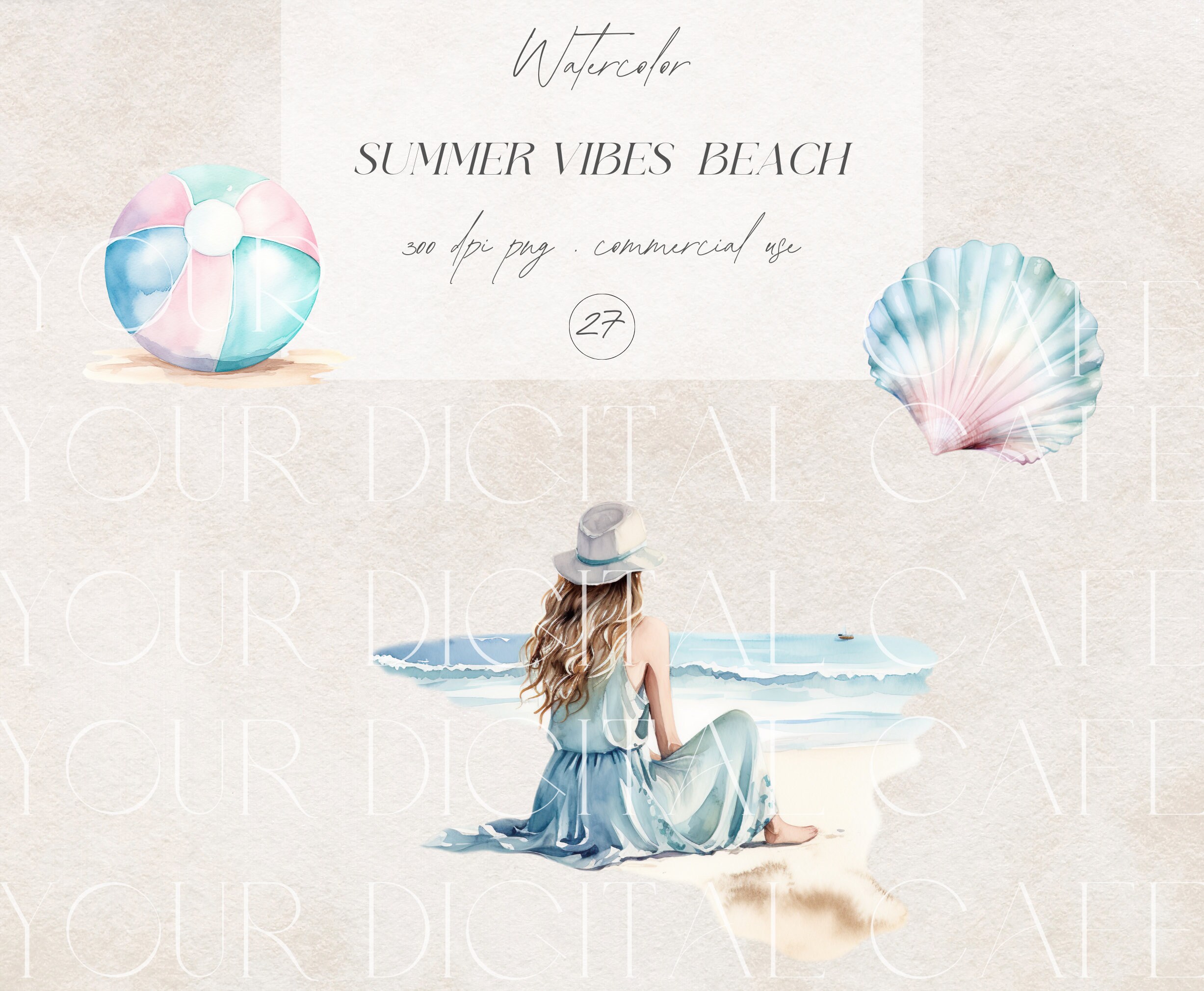 Watercolor Summer Clipart Bundle, Pastel Summer Beach Graphics, Beach ...