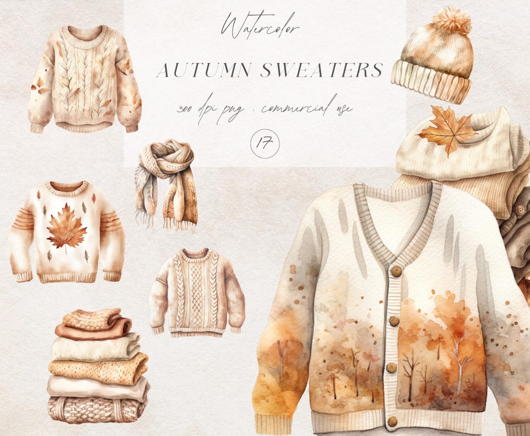 Watercolor Cozy Fall Clipart, Neutral Autumn Images, Sweaters Graphics ...