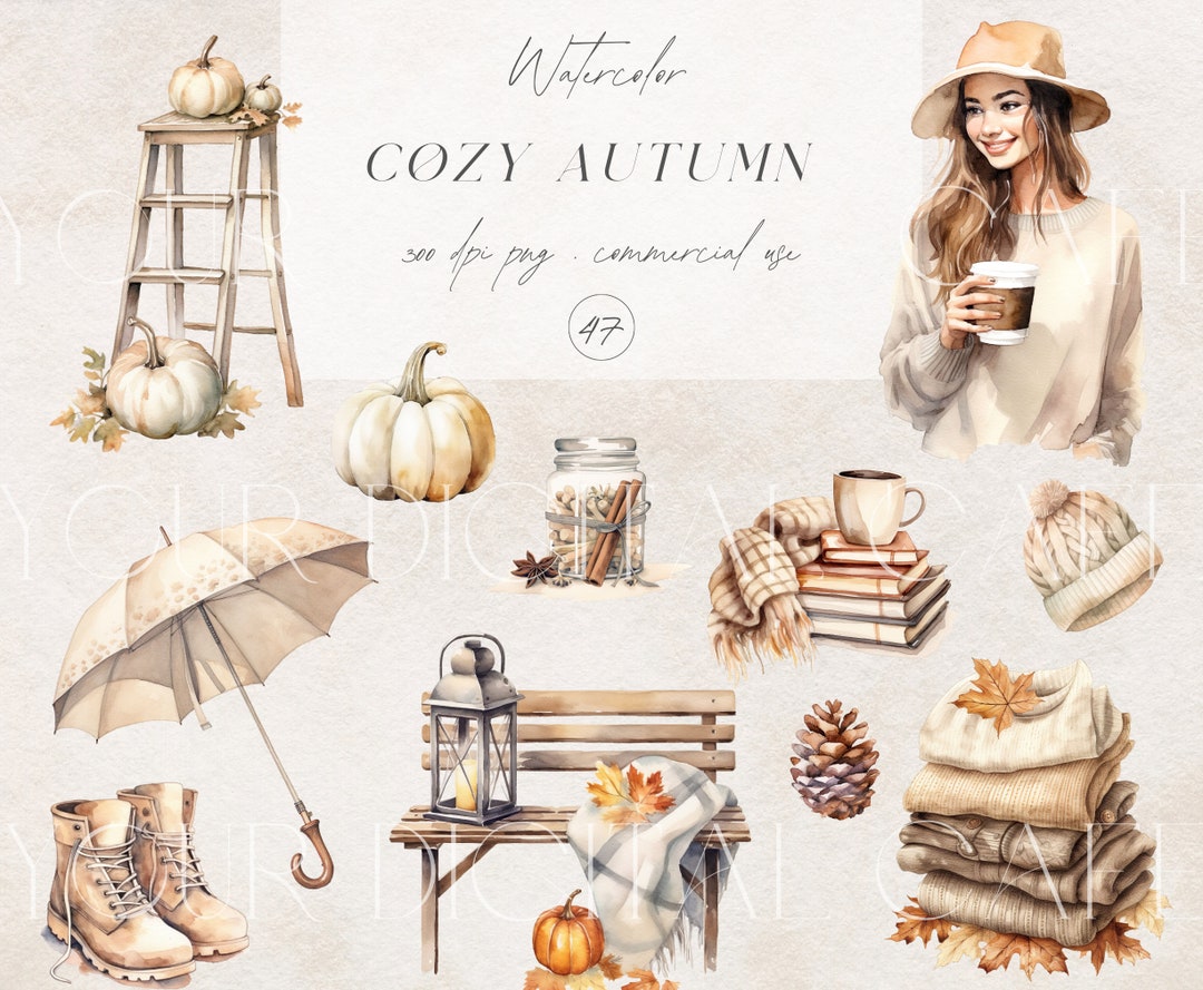 Watercolor Fall Clipart Cozy Fall Fall Graphic Clipart - Etsy