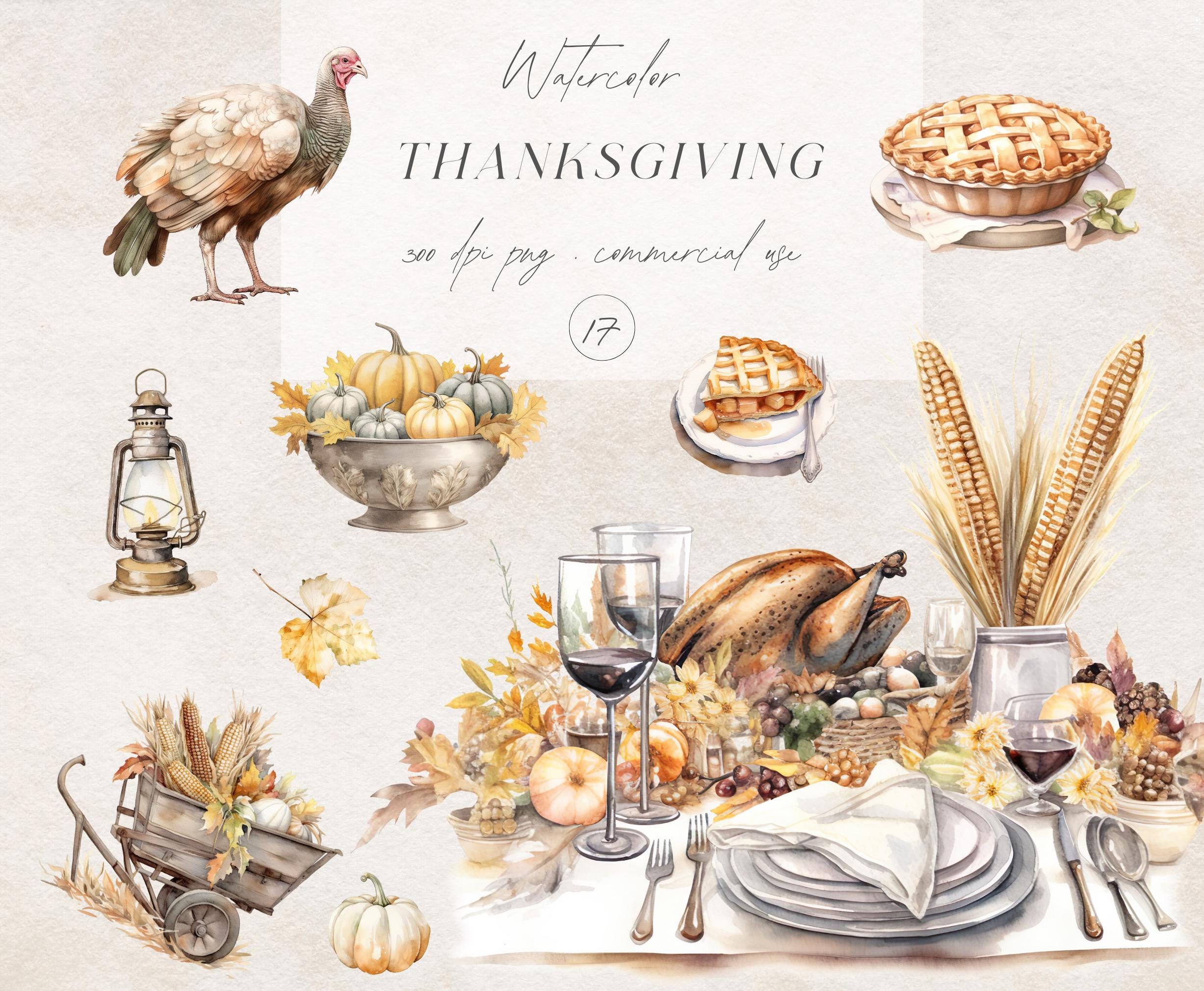 Watercolor Thanksgiving Clipart, Retro Thanksgiving Feast Graphics ...