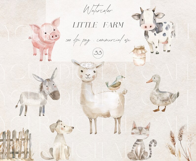 Watercolor Farm Animal Clipart Bundle, Farm Animals PNG Set, Nursery ...