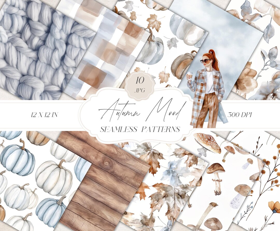 Watercolor Cozy Fall Seamless Patterns, Neutral Autumn Digital Papers ...