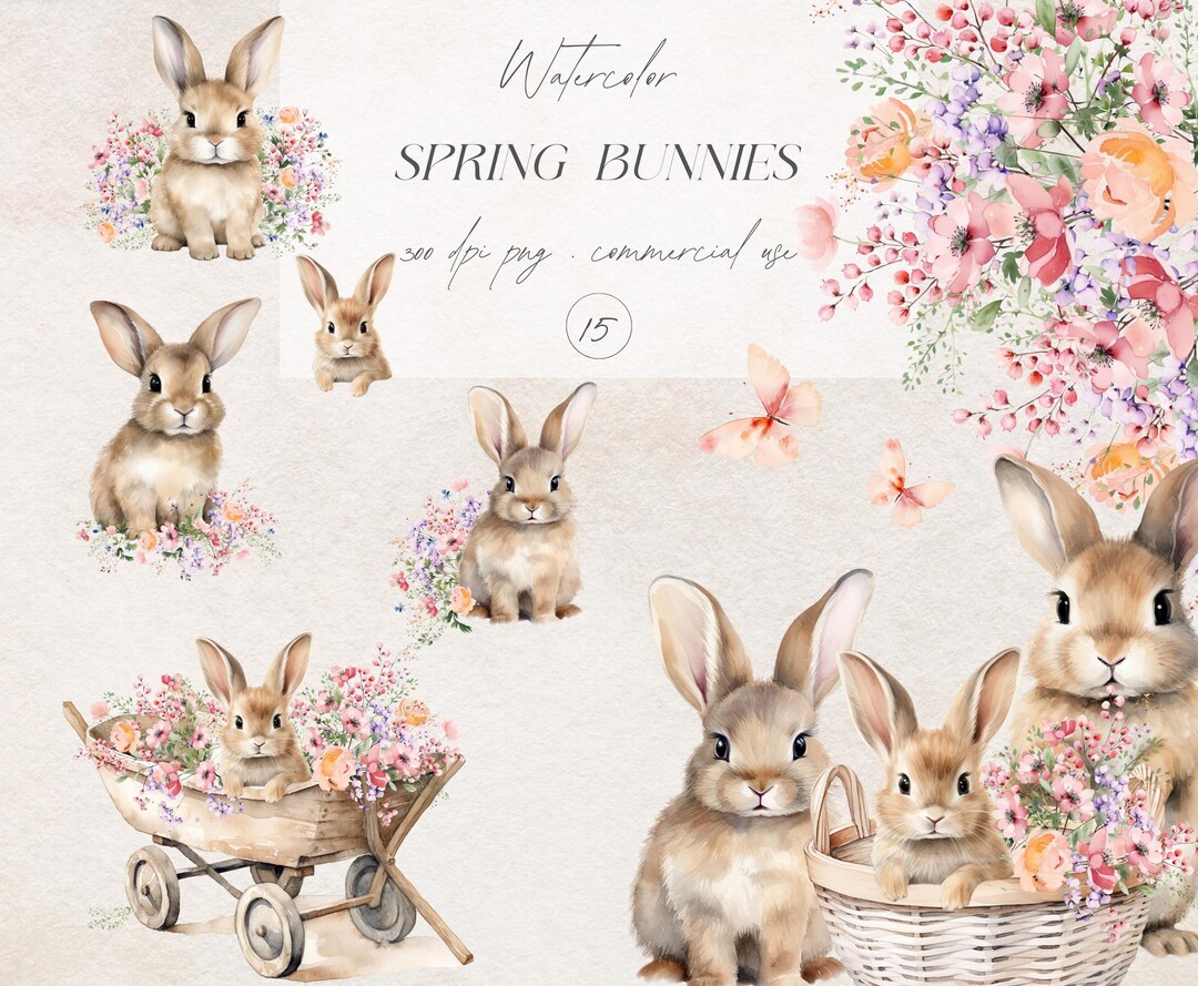 Bunny and Wildflower Clipart, Cute Bunnies PNG, Spring Clipart, Easter ...