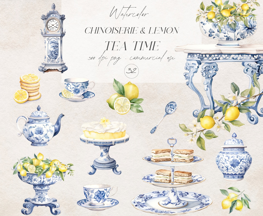 Watercolor Vintage Tea Time Clipart, Tea Party Clipart, Chinoiserie ...