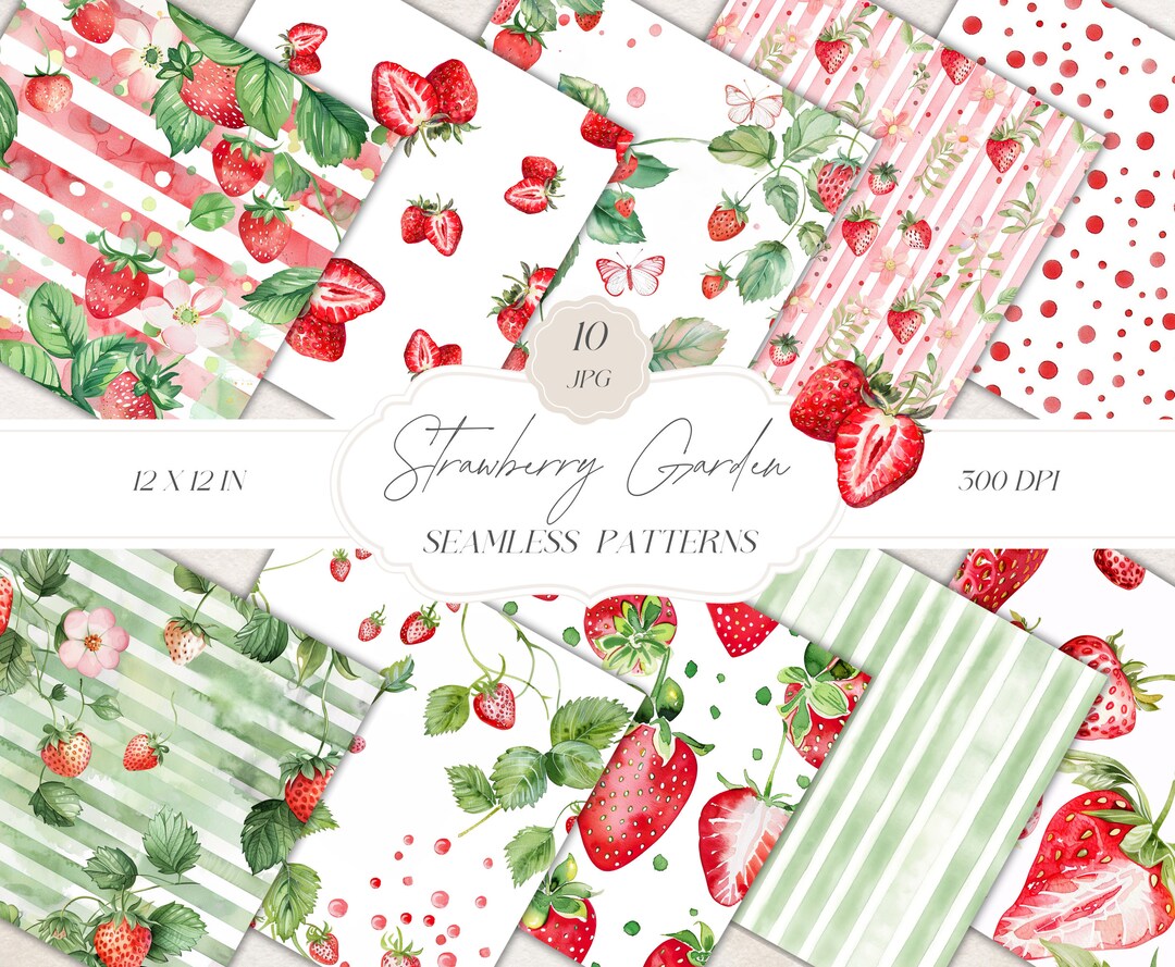 Watercolor Strawberry Seamless Patterns, Cute Strawberries Digital ...