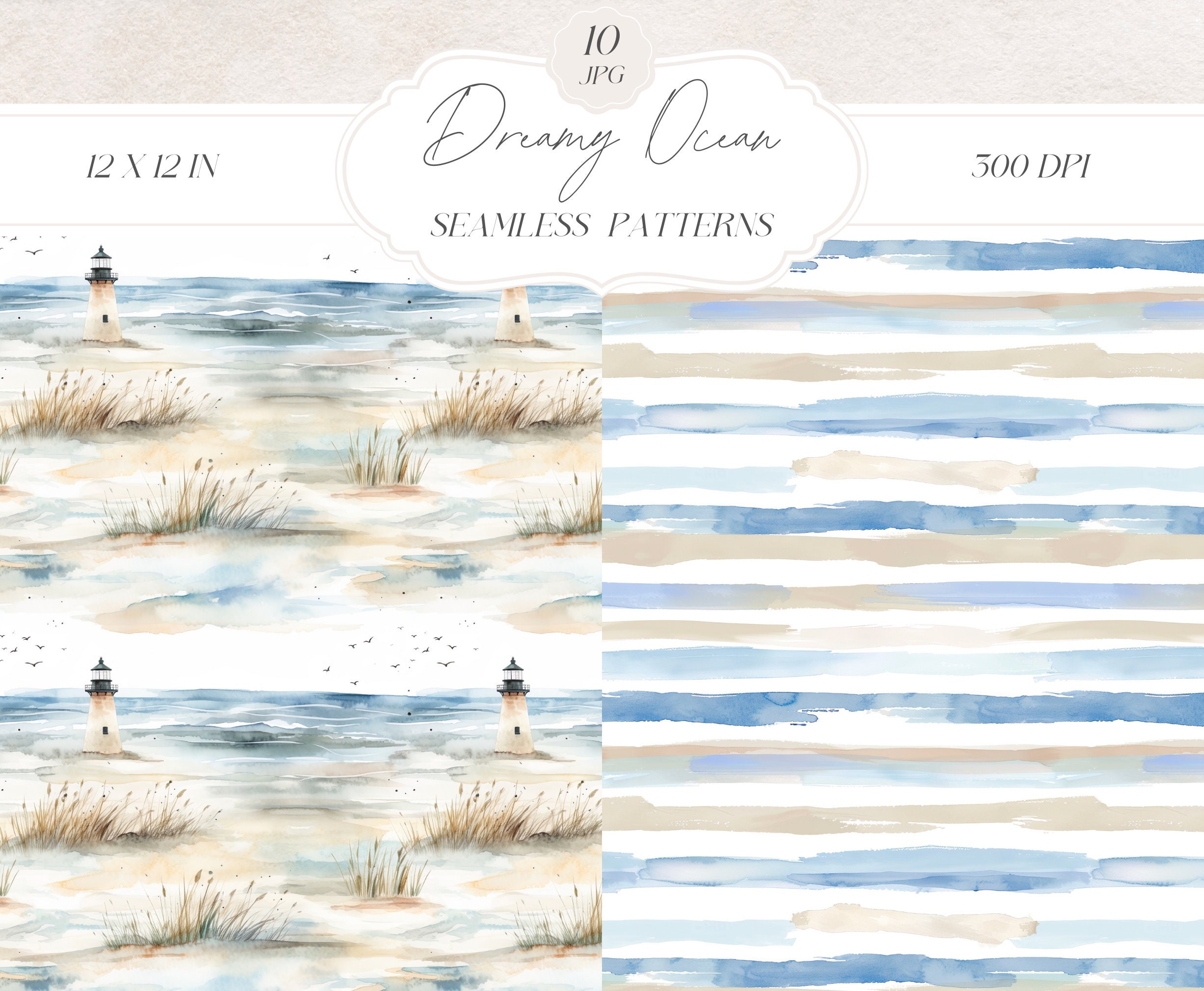 Watercolor Ocean Seamless Patterns, Neutral Summer Beach Digital Paper ...