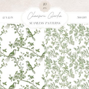 Green Chinoiserie Floral Seamless Patterns, Vintage Floral Digital ...