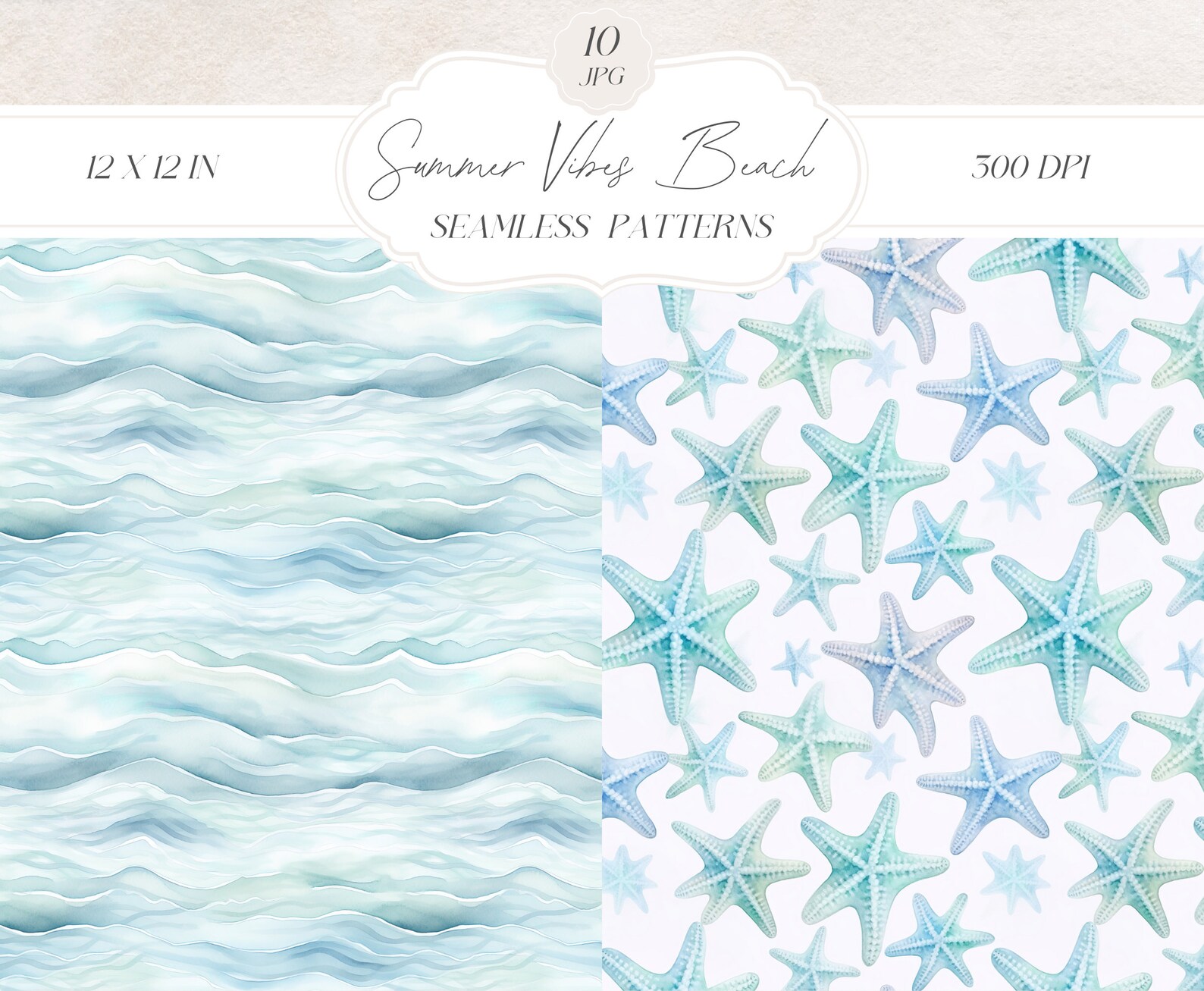 Watercolor Ocean Seamless Patterns, Pastel Summer Beach Digital Paper ...