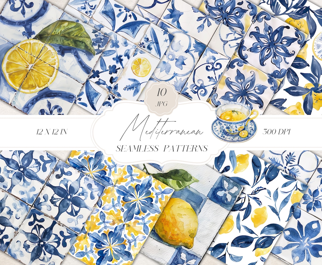 Mediterranean Tile Seamless Patterns, Watercolor Lemons Clipart, Blue ...