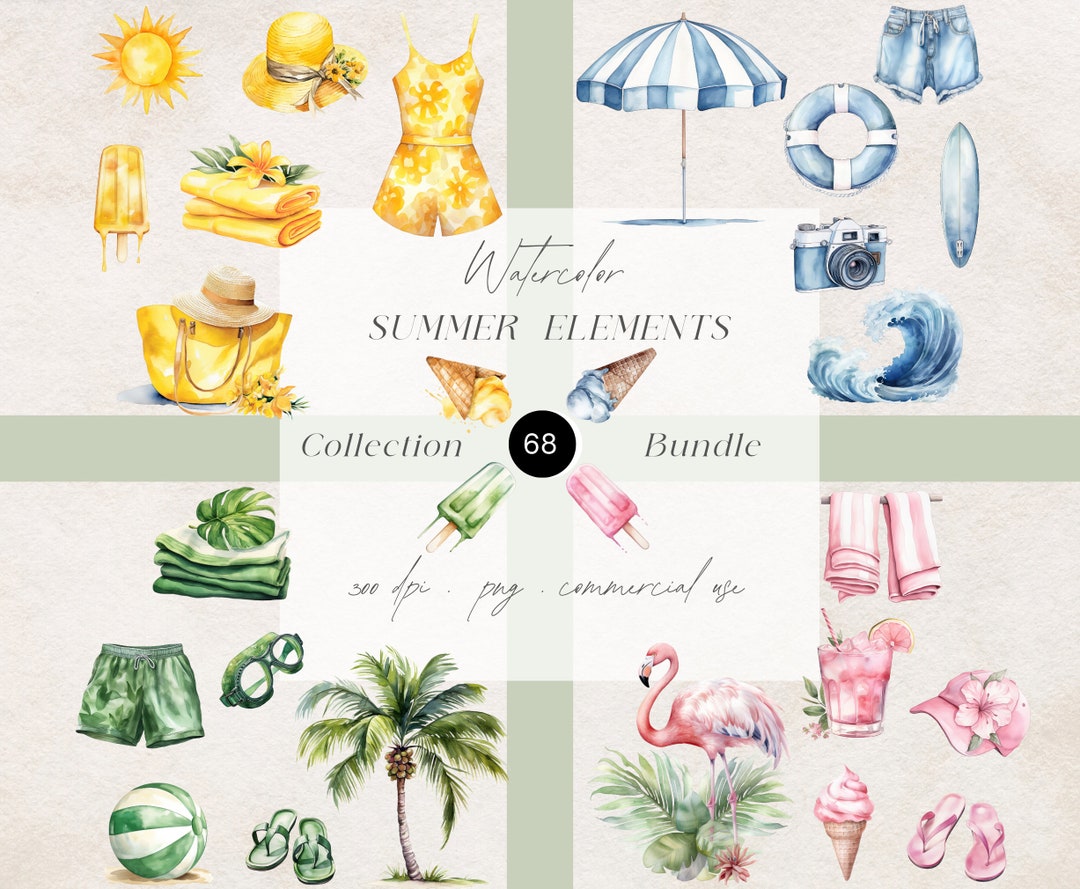 Watercolor Summer Clipart Bundle, Summer Beach Graphics, Beach Time Png ...