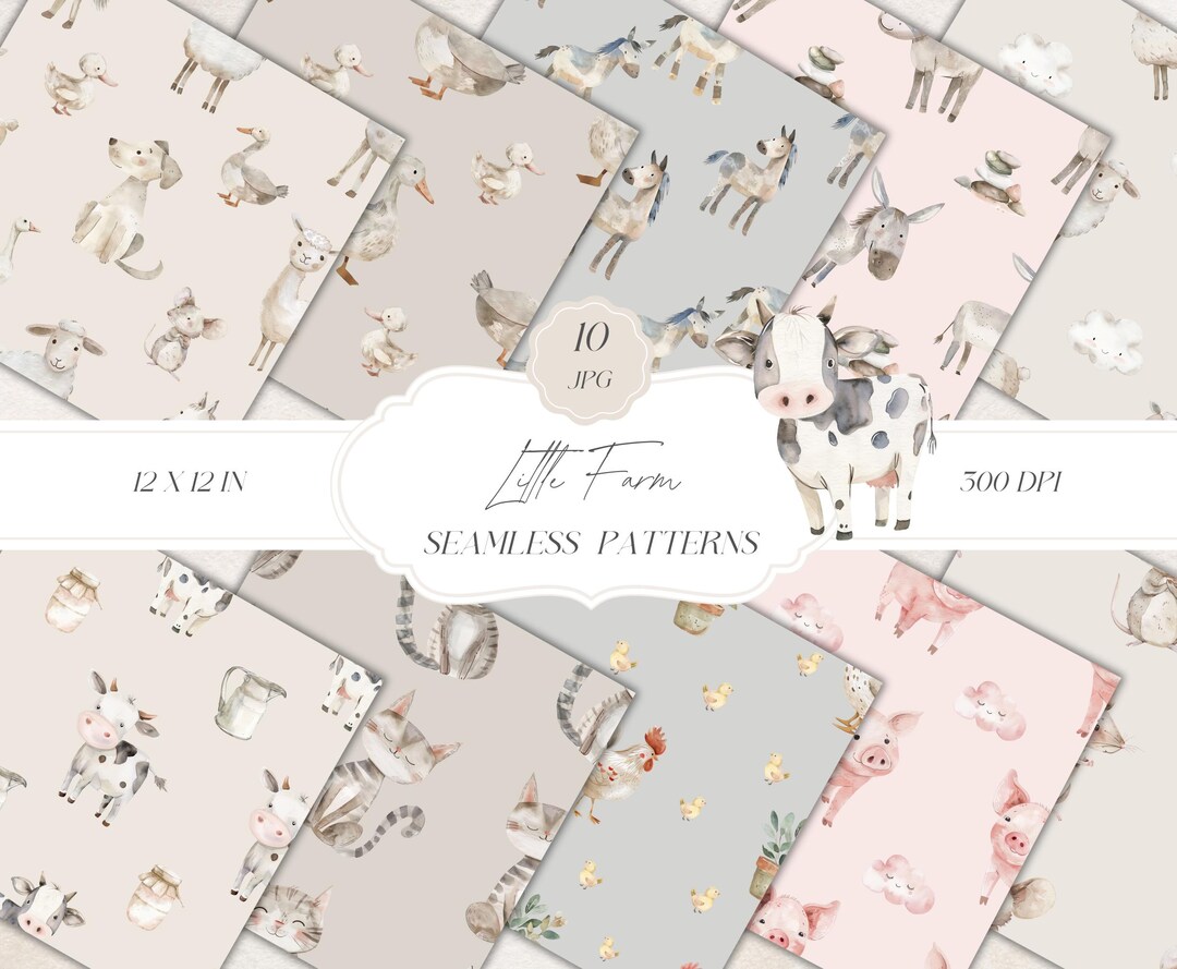 Watercolor Farm Animal Seamless Patterns, Neutral Nursery Digital Paper ...