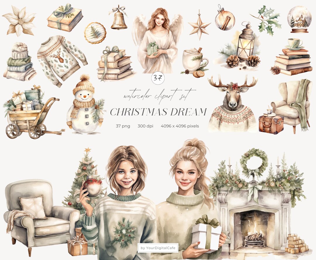 Watercolor Neutral Christmas Clipart: Cozy Rustic Christmas Graphics ...