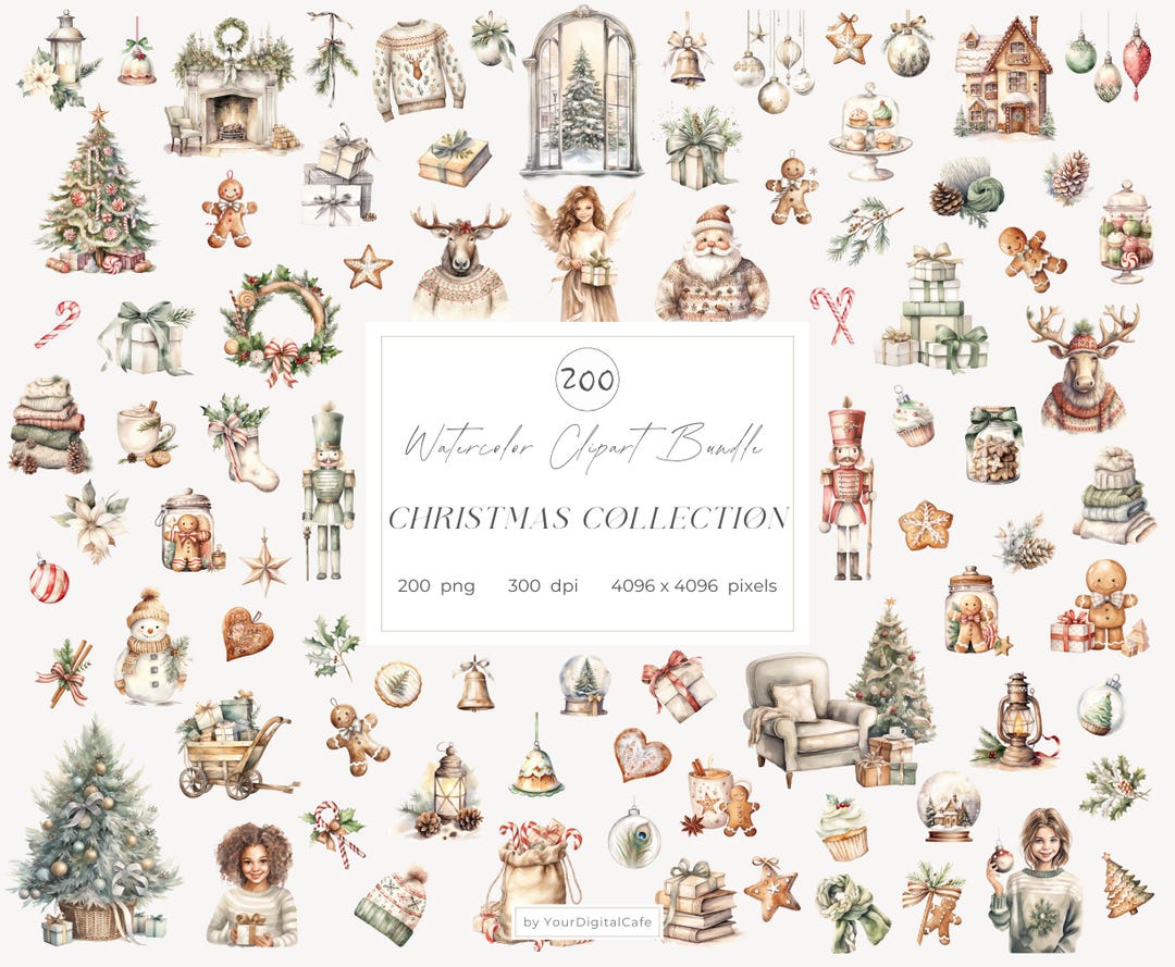 Watercolor Christmas Clipart Bundle: 200 Festive Pngs, Christmas Tree ...