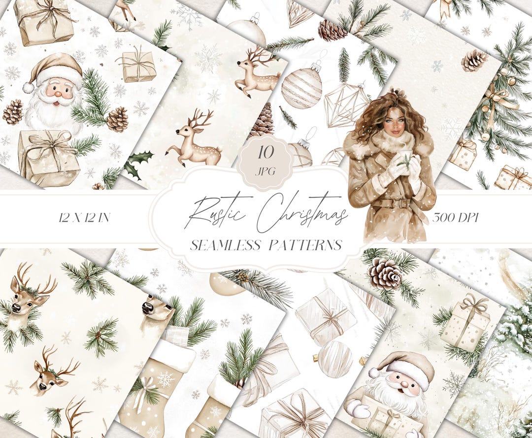 Watercolor Rustic Christmas Seamless Patterns, Rustic Christmas Digital ...