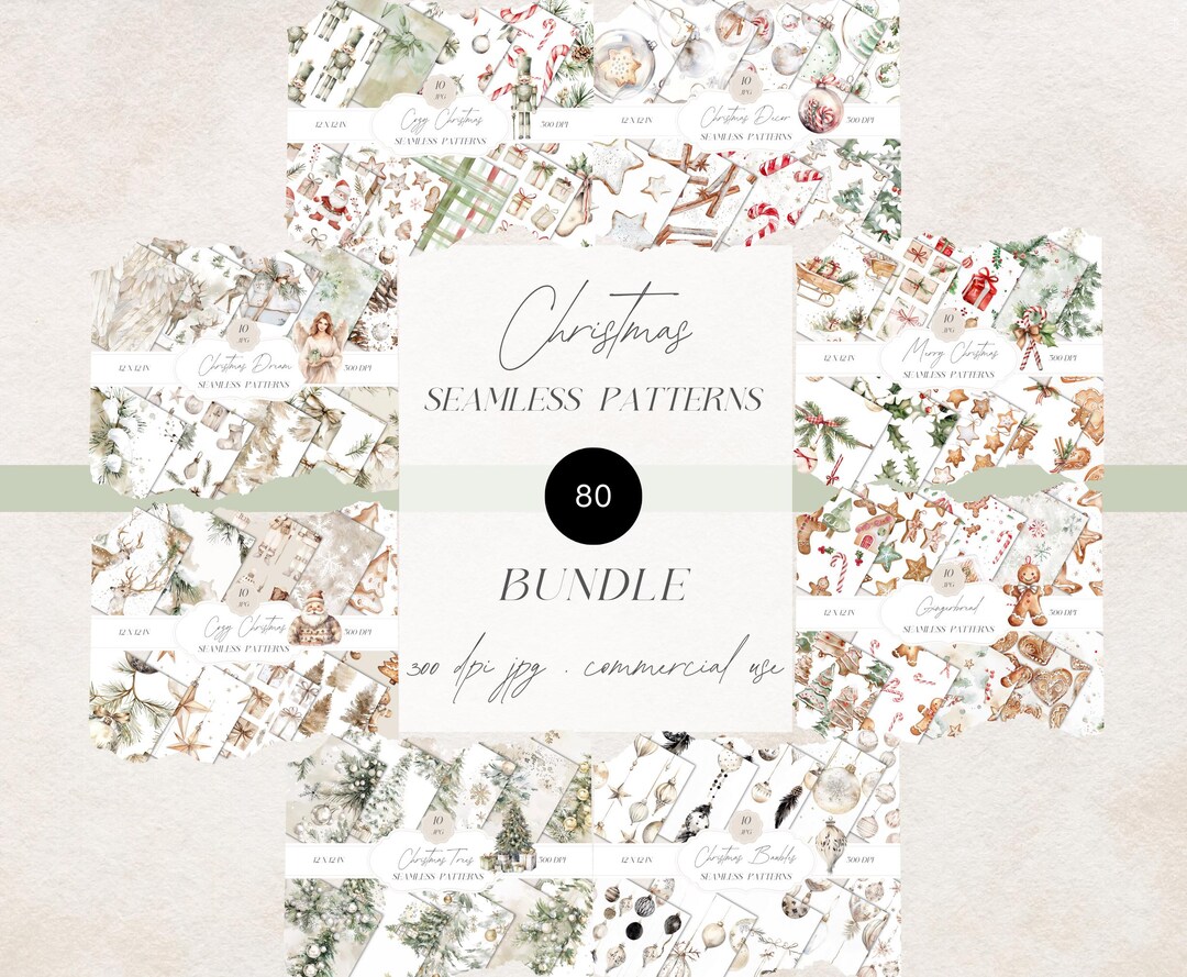 Watercolor Rustic Christmas Seamless Patterns Bundle, Festive Pattern ...