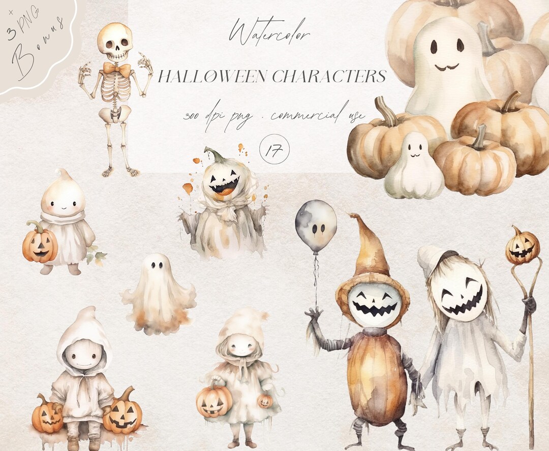 Watercolor Cute Halloween Characters Clipart Bundle, Kids Halloween ...