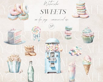 Watercolor Dessert Clipart Bundle Pastel Sweets Clipart Watercolor ...