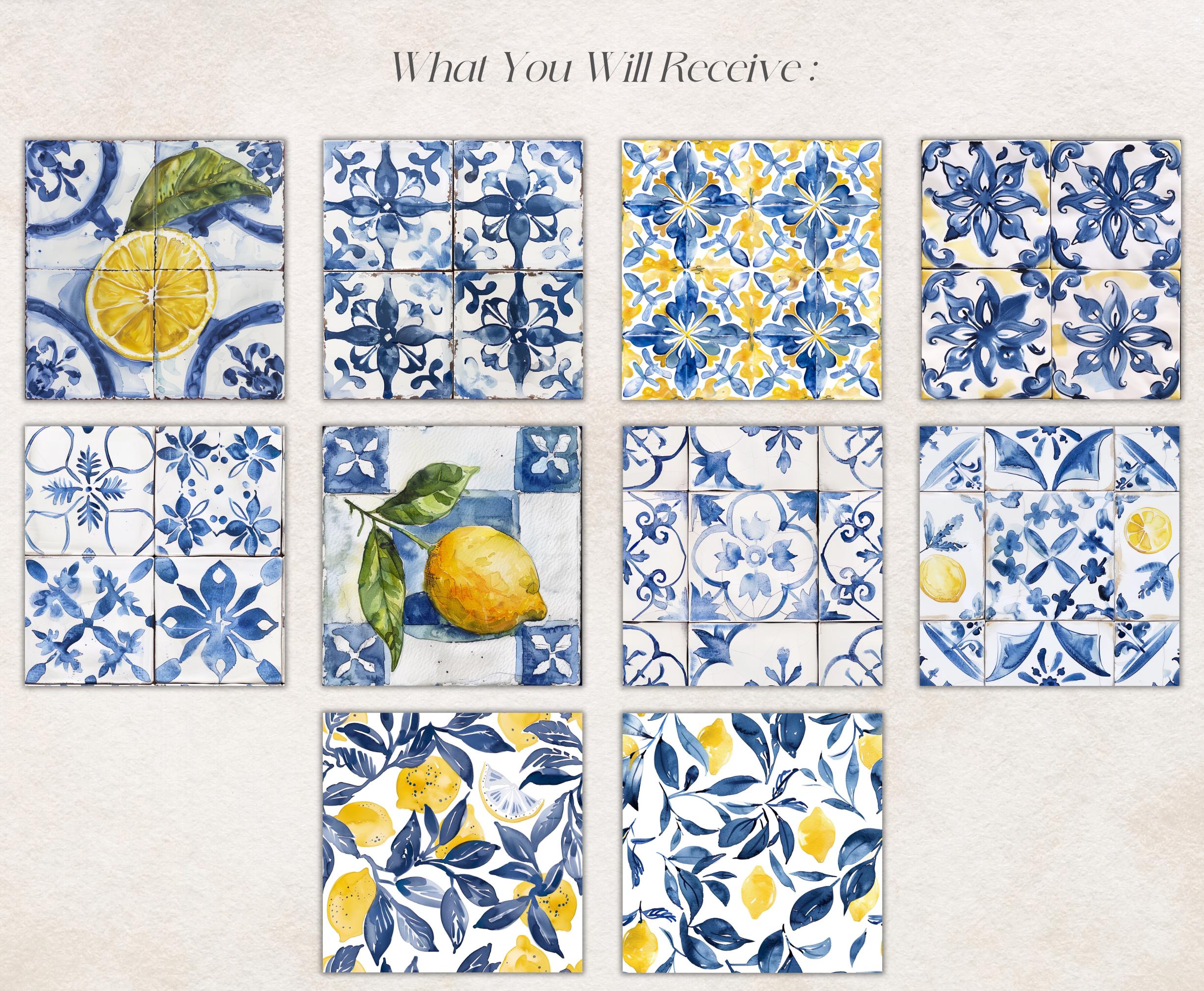 Mediterranean Tile Seamless Patterns, Watercolor Lemons Clipart, Blue ...